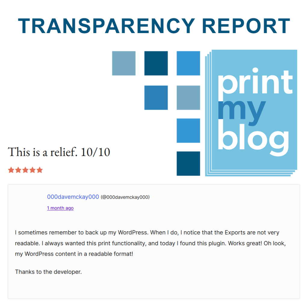 Transparency Report 57 – Print My Blog